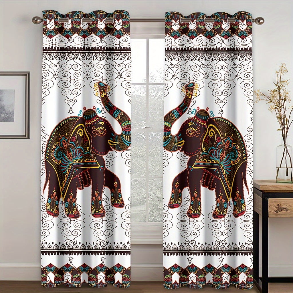 2pcs Bohemian Curtains Window Drapes With Mandala Flower Elephant ...