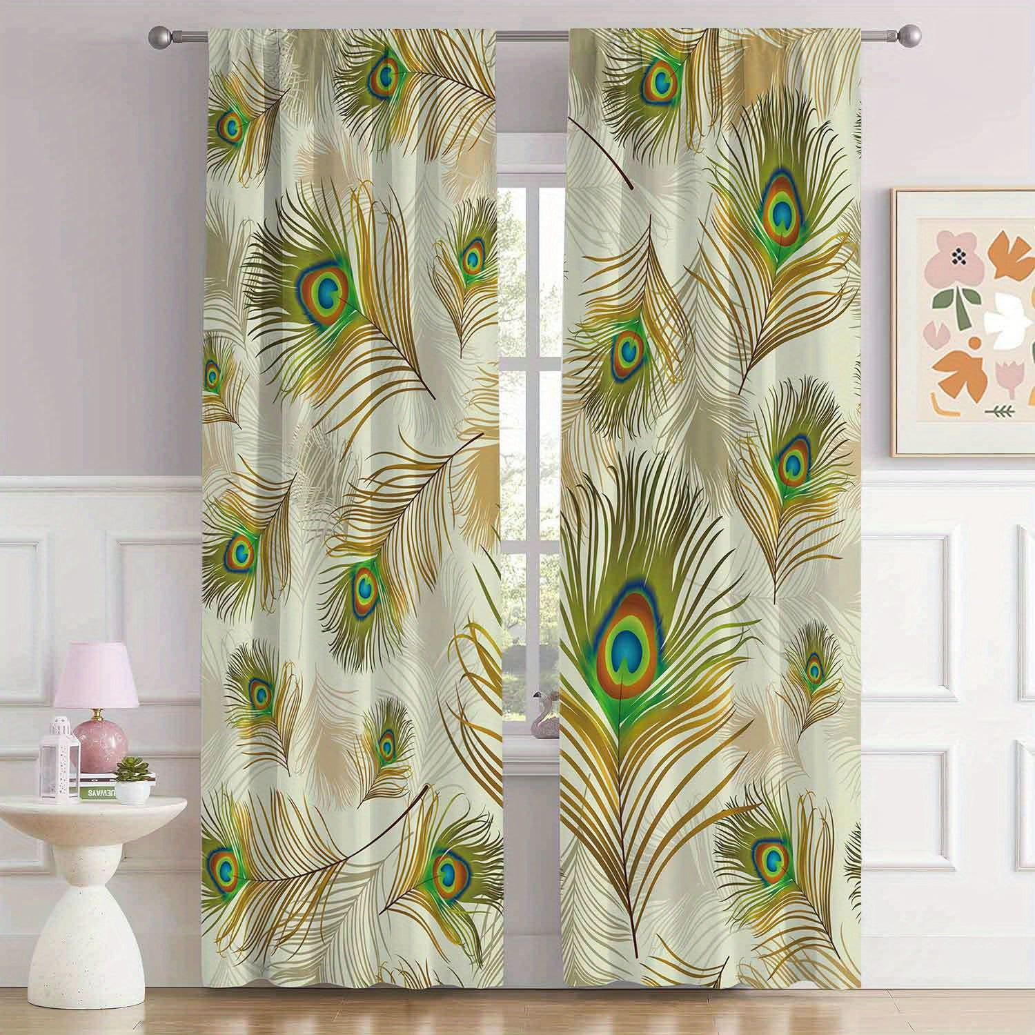 2pcs Boho Chic Peacock Feather Print Curtains Polyester For Living Room ...