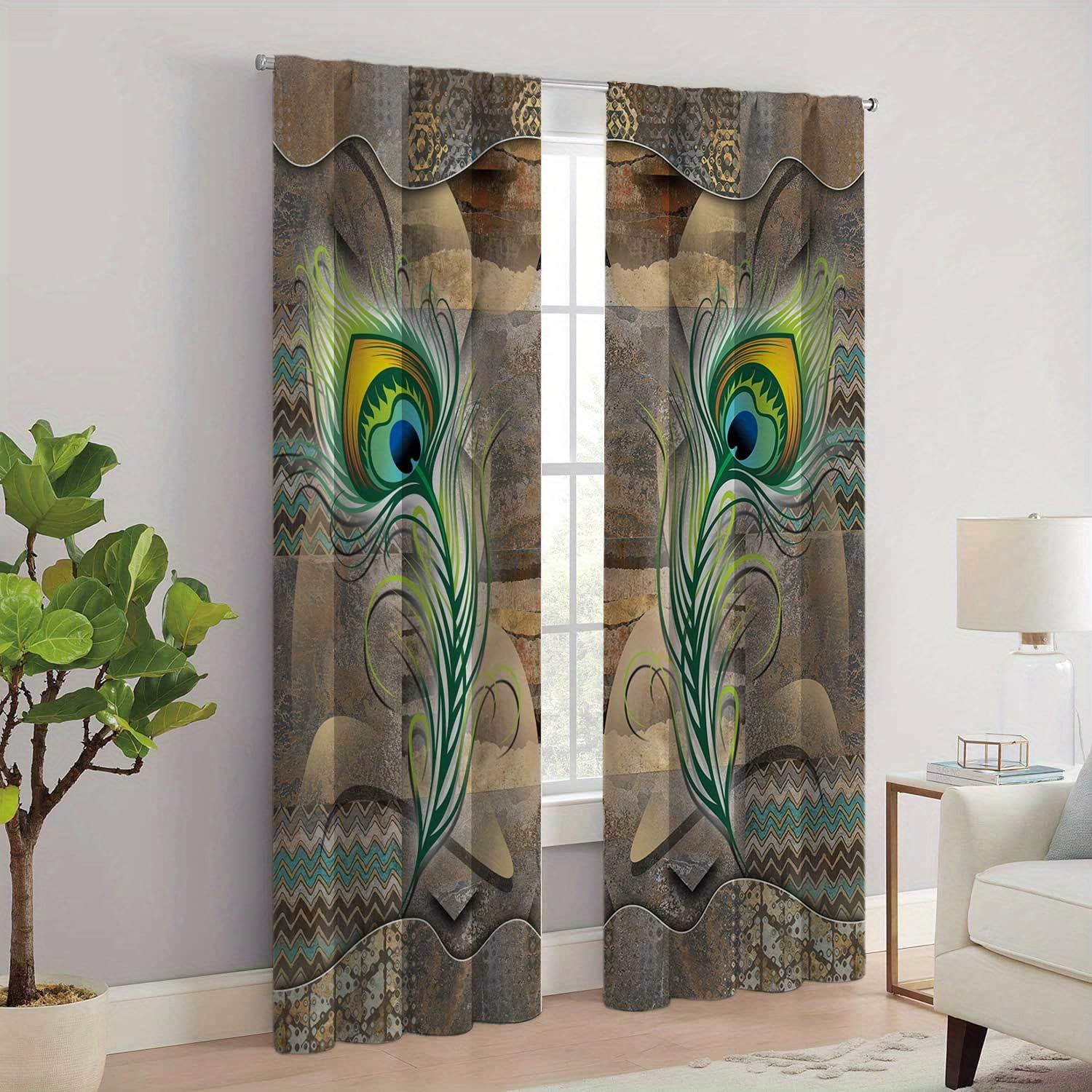 2pcs Boho Chic Peacock Feather Print Curtains Polyester For Living Room ...