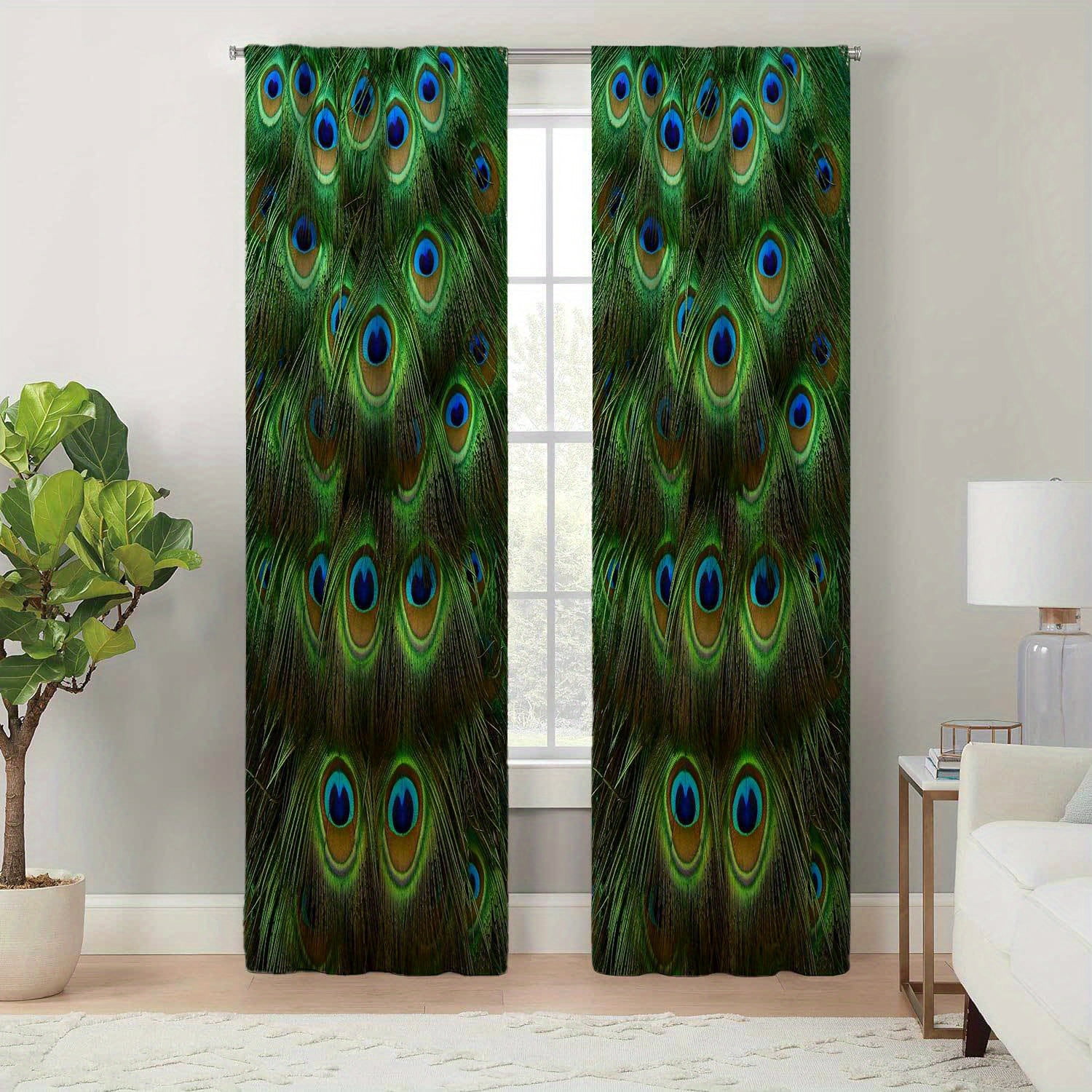 2pcs Boho Chic Peacock Feather Print Curtains Polyester For Living Room ...
