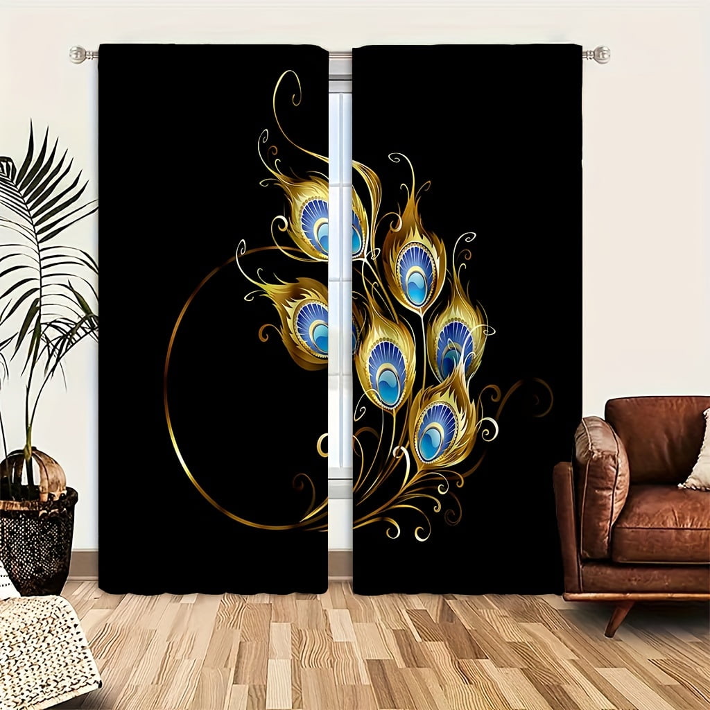 2pcs Boho Chic Peacock Feather Print Curtains Polyester For Living Room ...