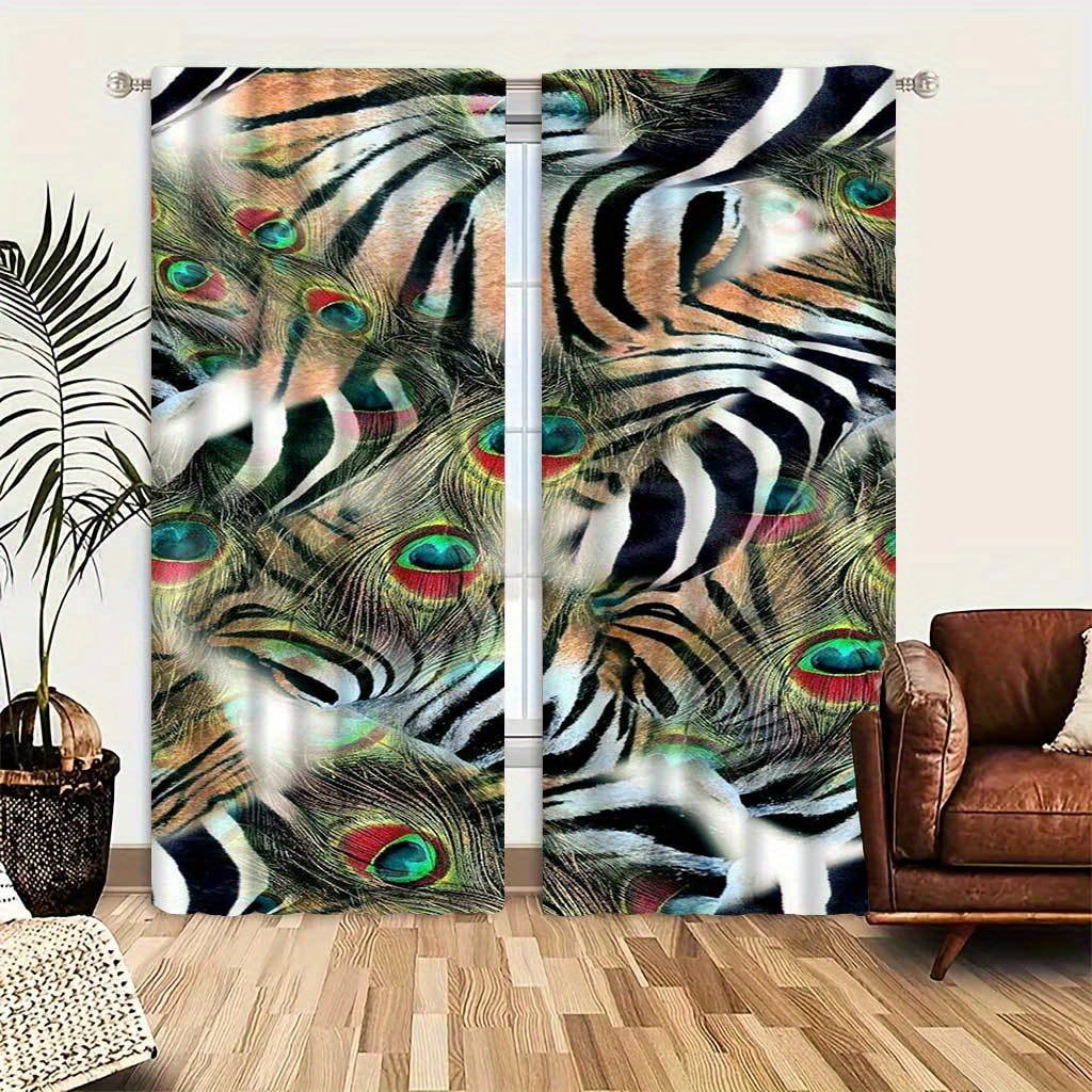 2pcs Boho Chic Peacock Feather Print Curtains Polyester For Living Room ...