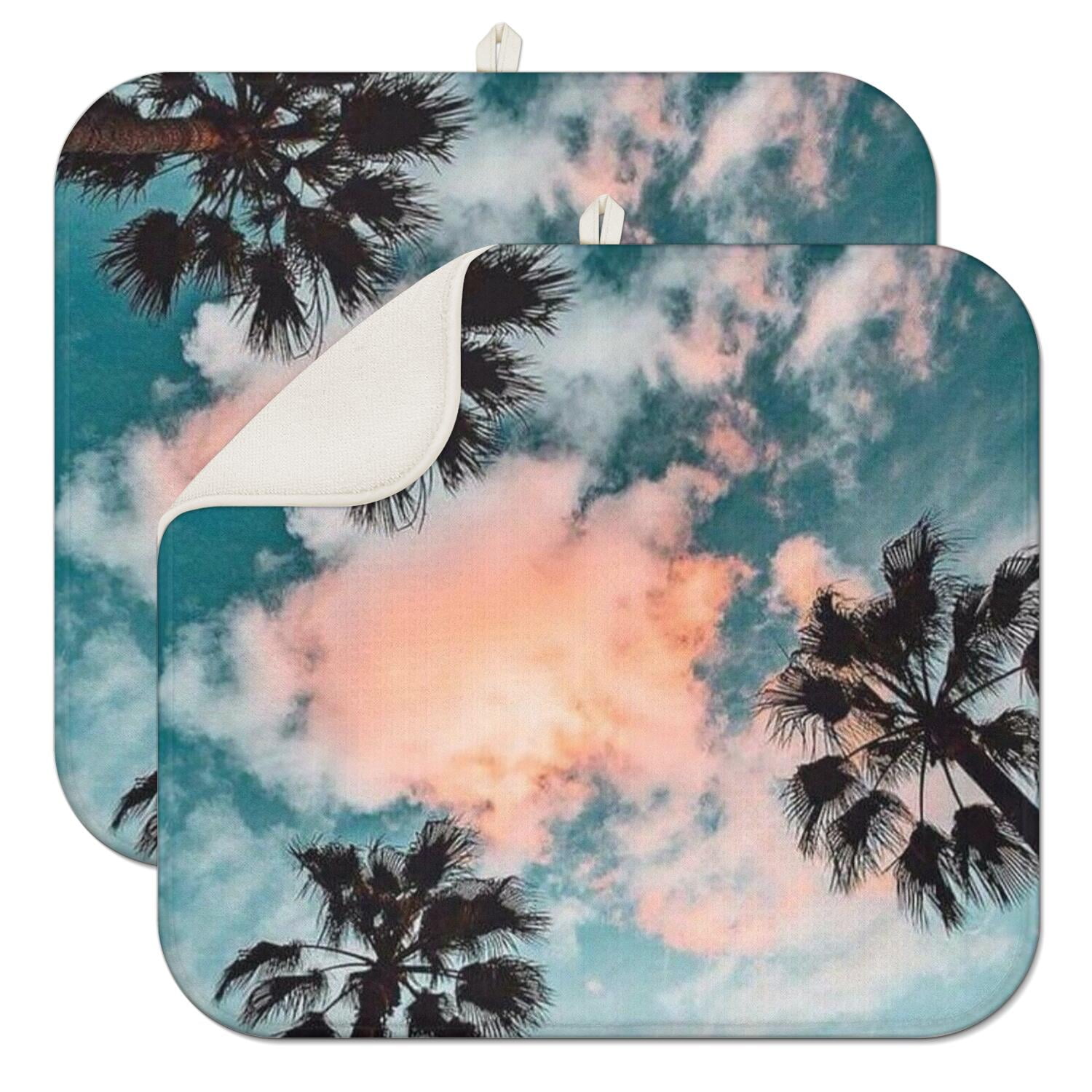 2pcs Boho Tropical Paradise Dish Drying Mat, Vibrant Hawaii Palm Tree ...