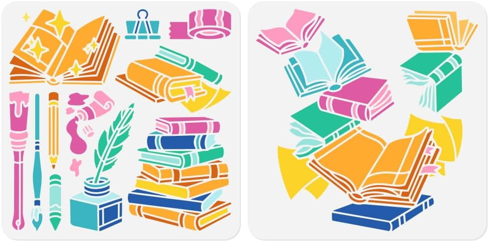 2pcs Book and Stationery Wall Stencil for Painting 11.8”x11.8” Open ...