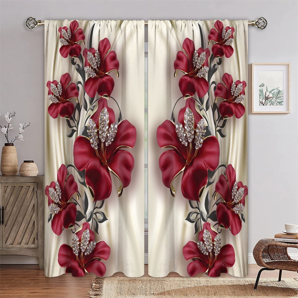 2pcs Bright Trendy Butterfly Red Rose Flower Curtains Window Treatment ...