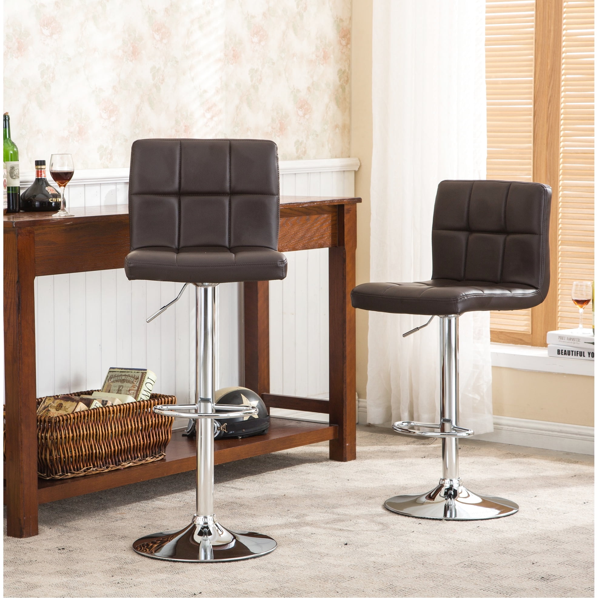2pcs Brown Swivel Adjustable Bar Stools. Faux Leather Seat With Foam ...