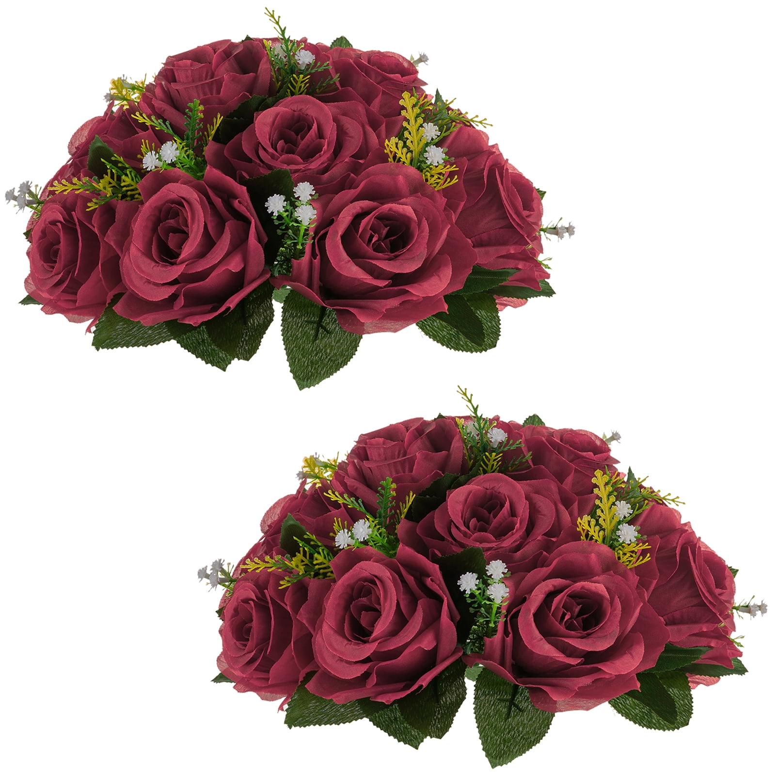 2pcs Burgundy Fake Flowers Plastic Floral Ball 15 Heads Artificial Rose ...