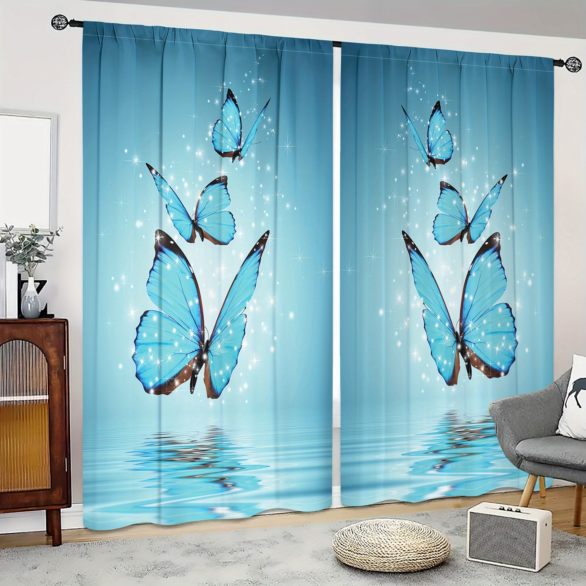 2pcs Butterfly Pattern Curtains rative Window Drapes Rod Pocket Window ...