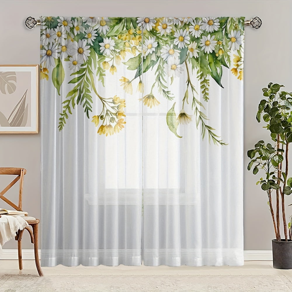 2pcs Butterfly Sunflower Pattern Sheer Curtain rative Window Drape ...
