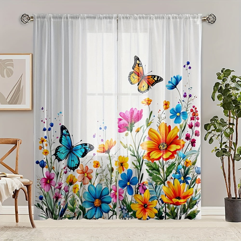 2pcs Butterfly Sunflower Pattern Sheer Curtain rative Window Drape ...