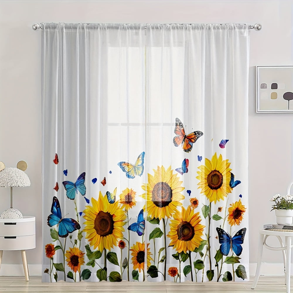 2pcs Butterfly Sunflower Pattern Sheer Curtain rative Window Drape ...