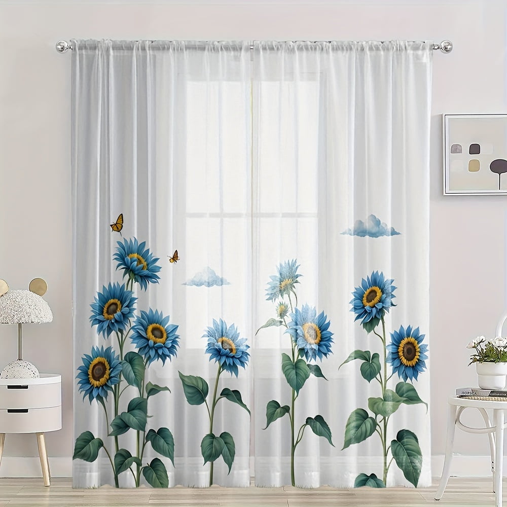 2pcs Butterfly Sunflower Pattern Sheer Curtain rative Window Drape ...