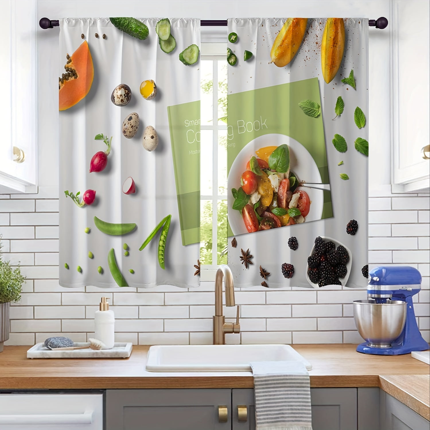 2pcs Cafe Curtains Tiers Spices Ingredients Pattern Kitchen Window ...