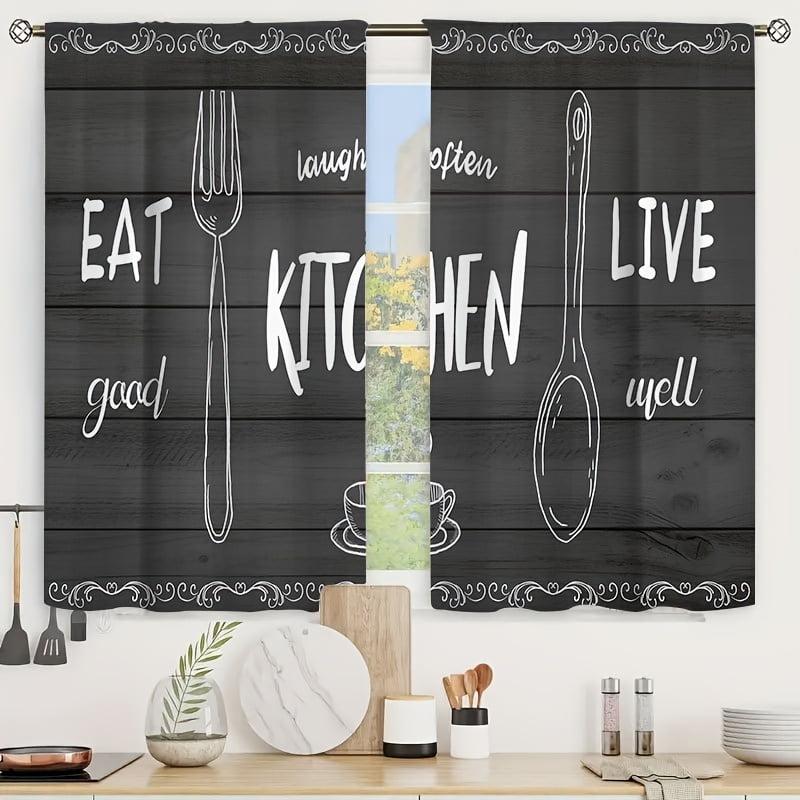 2pcs Cafe Curtains Tiers Vintage Black Kitchen Coffee Print Kitchen ...