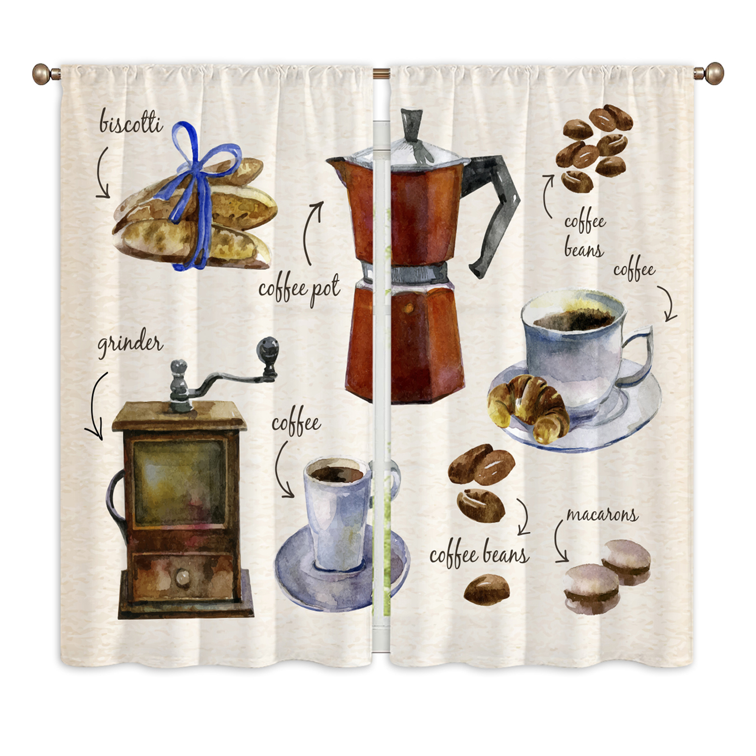 2pcs Cafe Curtains Tiers Vintage Black Kitchen Coffee Print Kitchen ...