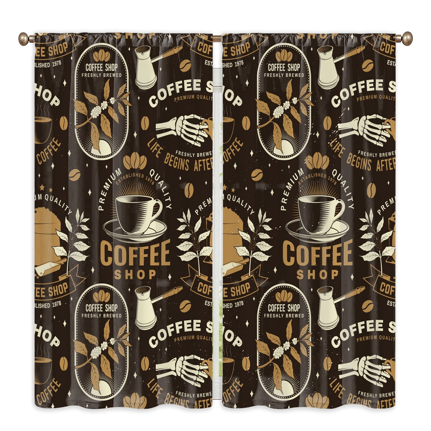 2pcs Cafe Curtains Tiers Vintage Black Kitchen Coffee Print Kitchen ...