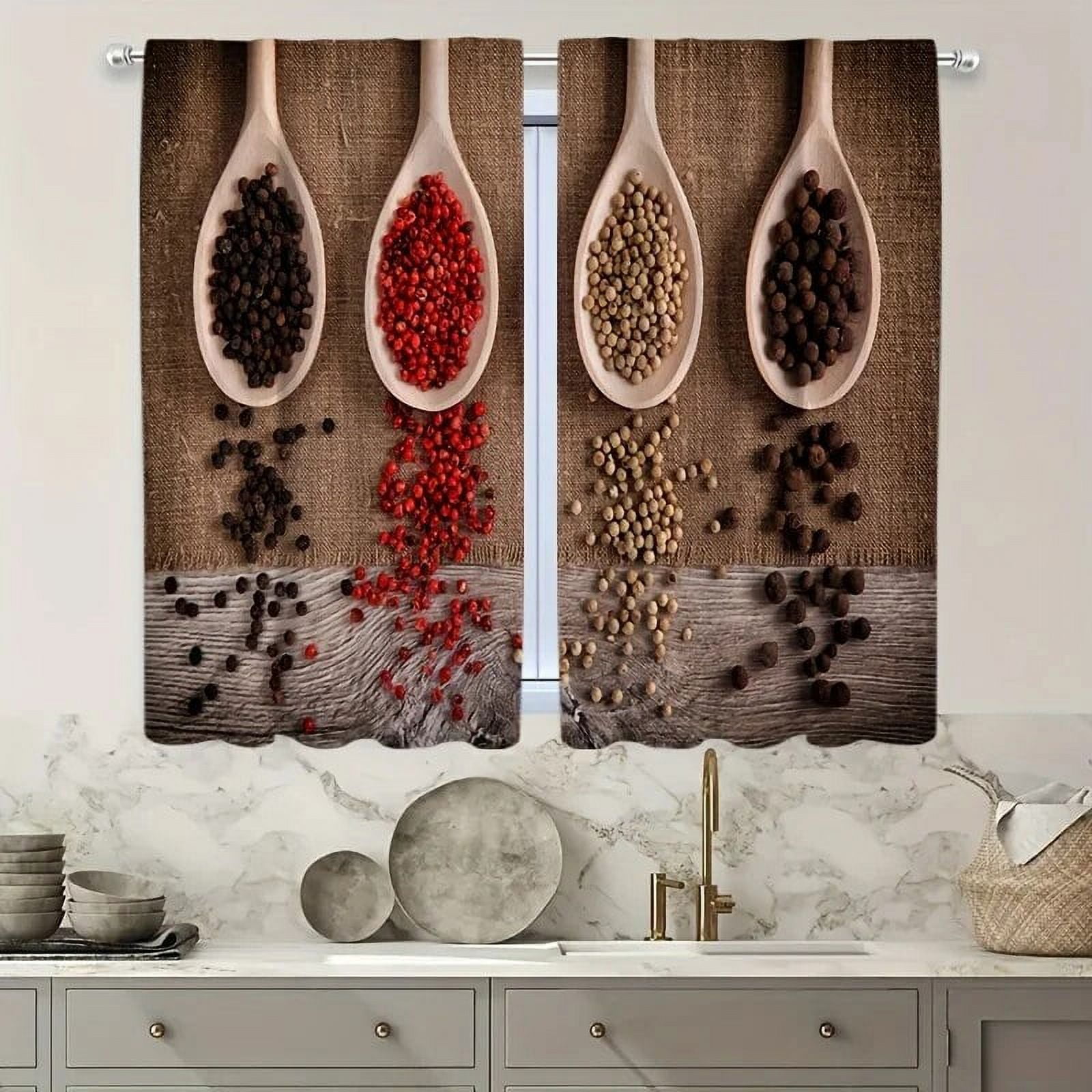 2pcs Cafe Curtains Tiers Vintage Black Kitchen Cutlery Pattern Print ...