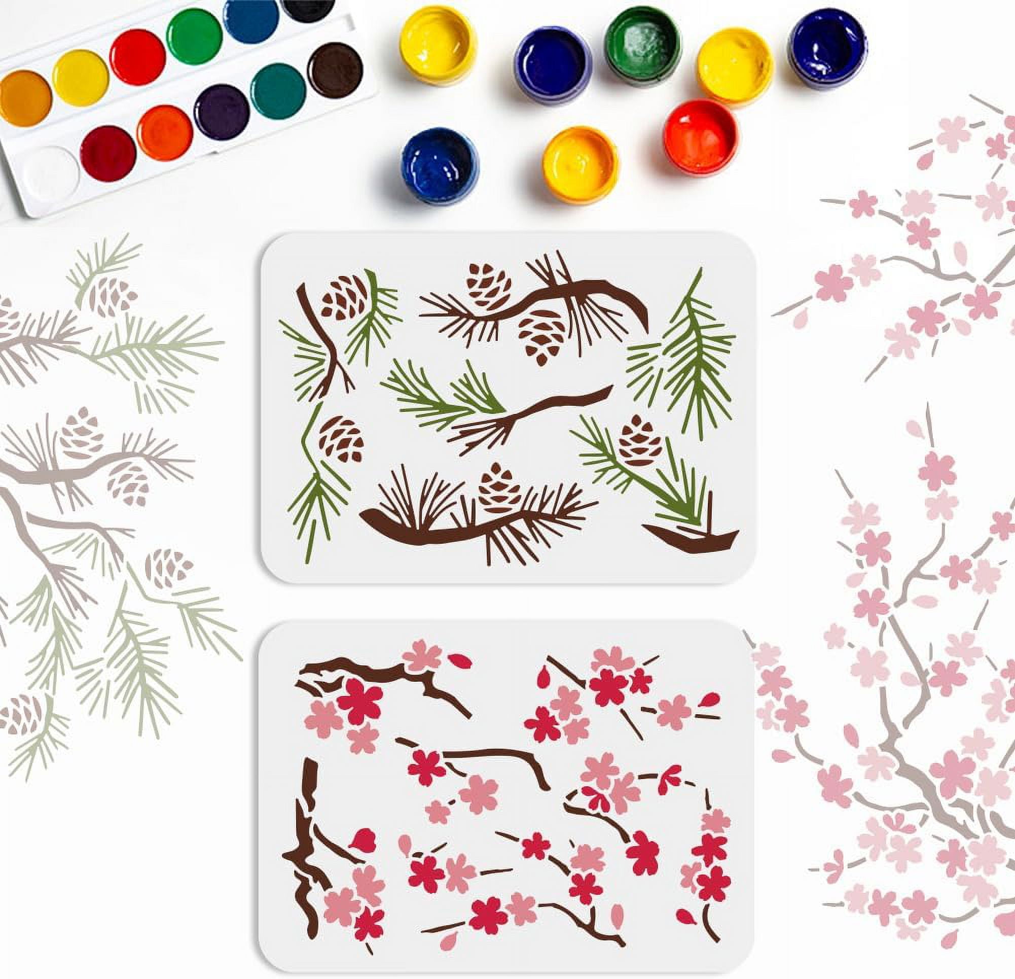2pcs Cherry Blossom Pine Cone Stencil Sakura Pinecone Template 11.7 x 8.3 inch Reusable Cherry ...