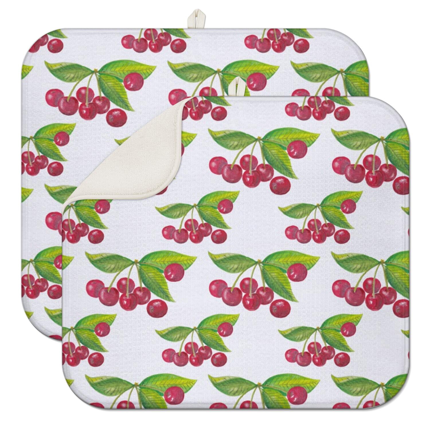 2pcs Cherry-Themed Kitchen Drying Mats - Aesthetic Red Fruit ...