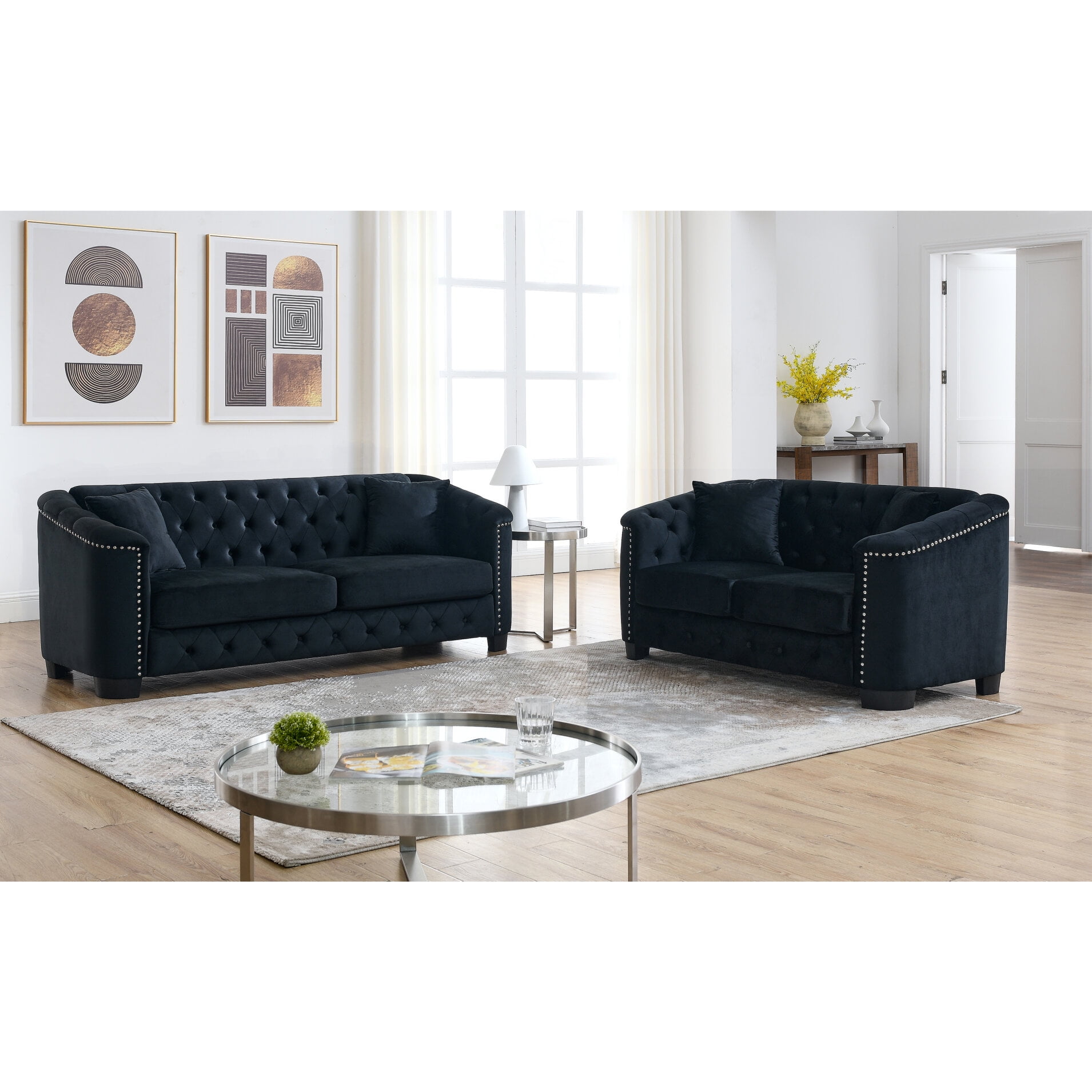 2pcs Chesterfield Sofa Set, Velvet Couch with Deep-Button Tufting ...