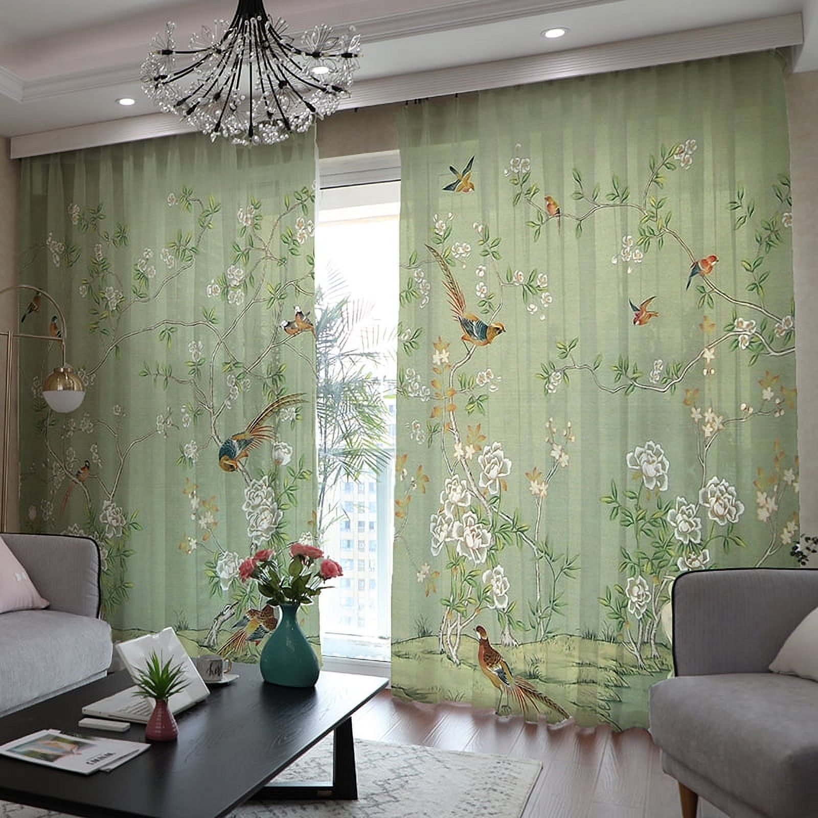 2pcs Chinese Flower and Print Curtains with Charming Scenery for Living ...