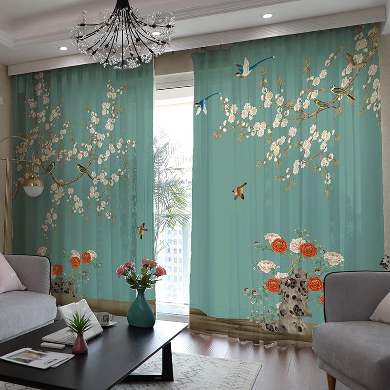 2pcs Chinese Flower and Print Curtains with Charming Scenery for Living ...