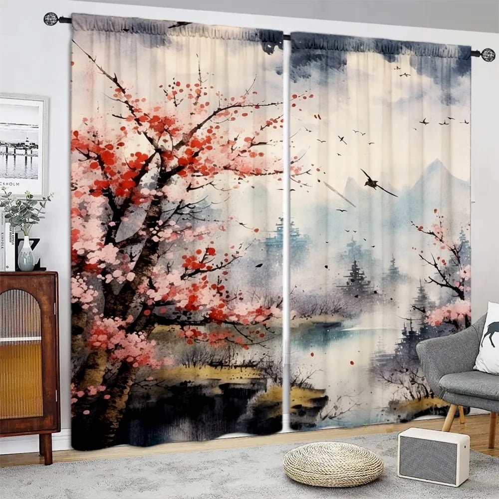 2pcs Chinese Mountain lnk Painting Print Curtain Digital Printing ...