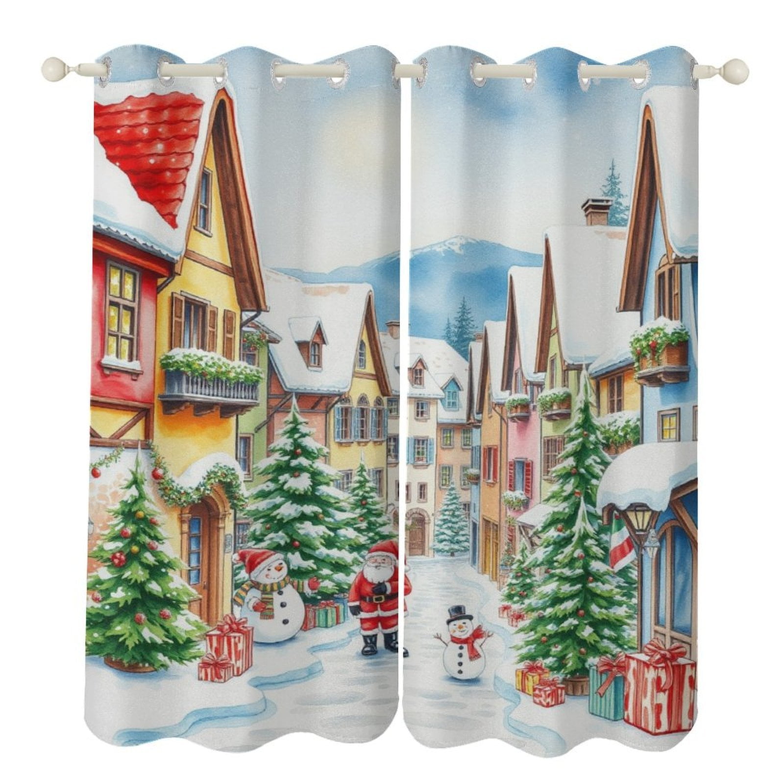 2pcs Christmas Village Scene Curtains For Living Room Grommet Top ...