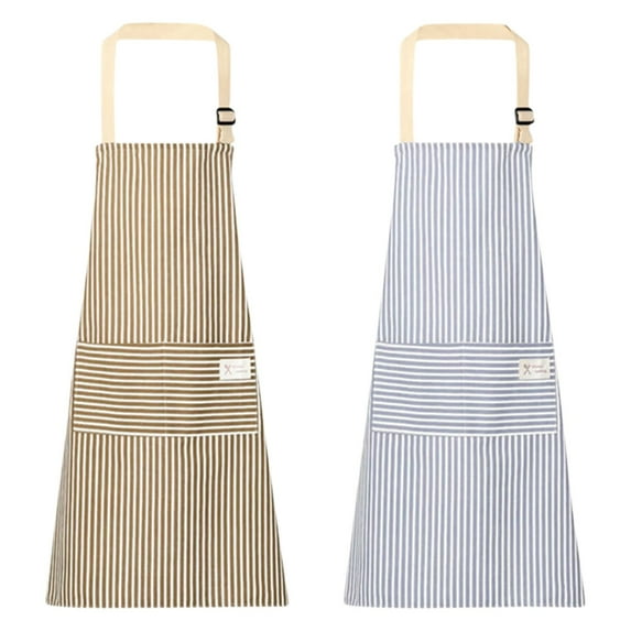 2pcs Classic Striped Kitchen Cooking Apron with 2 Pockets Cotton Linen ...