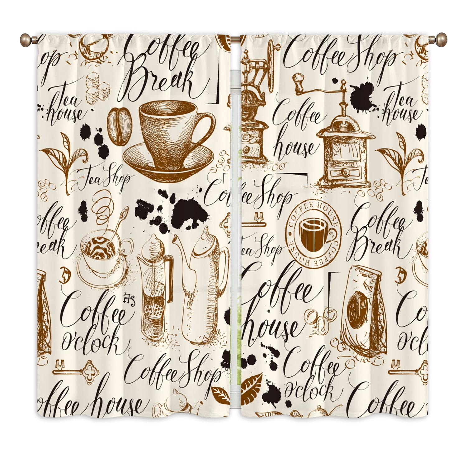 2pcs Coffee Time Kitchen Curtains Tiers Rustic Brown Vintage Farmhouse ...