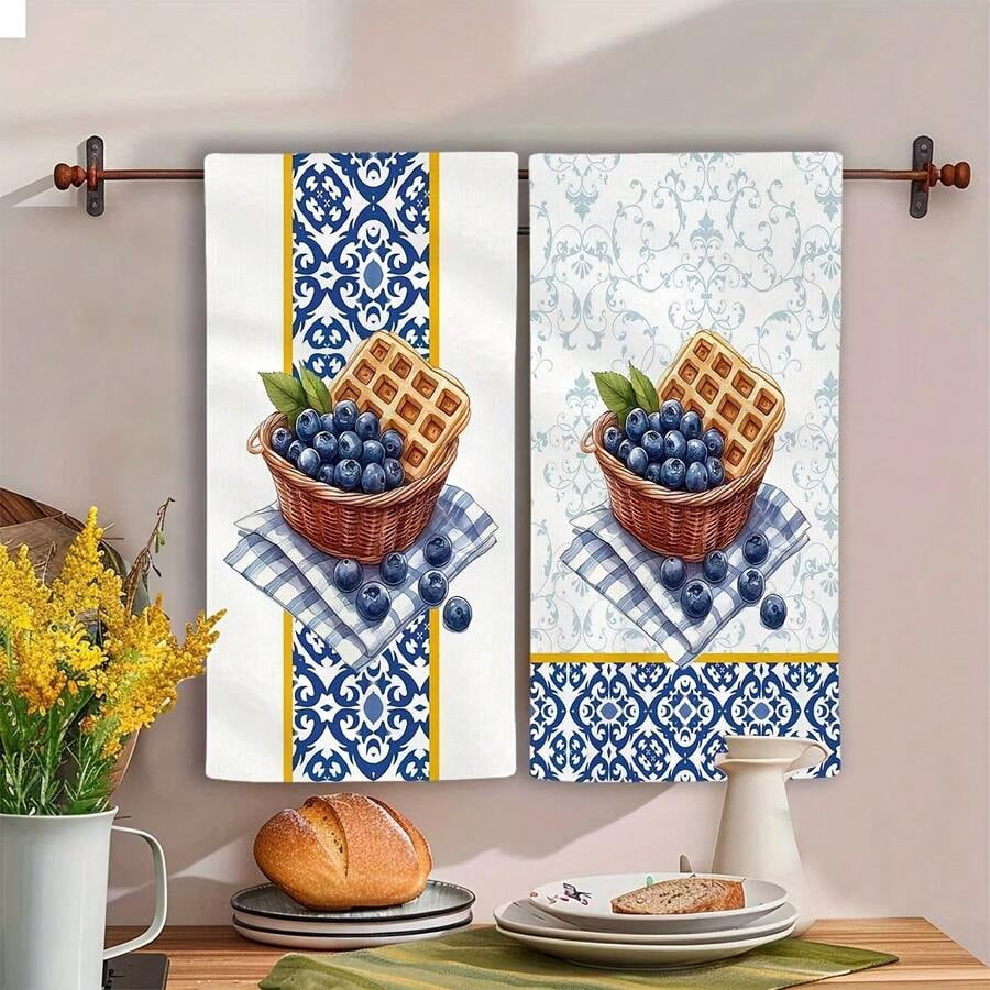 2pcs Color 9 Blueberry & Waffle Dish Towels - Soft Polyester ...