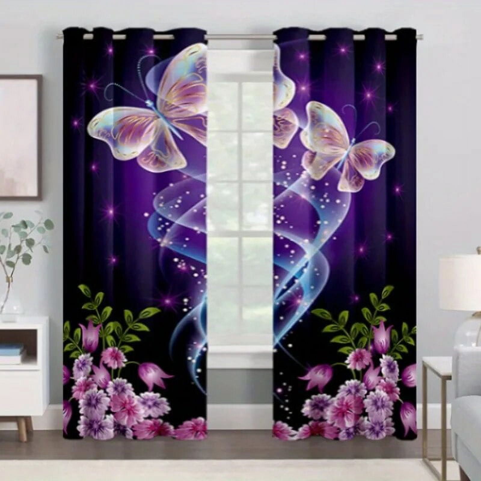 2pcs Colorful Butterfly Printed Curtains Glow At Night Rod Pocket ...