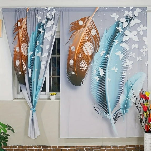 2pcs Colorful Feather Marble Patterned Curtains Rod Pocket Curtain For ...