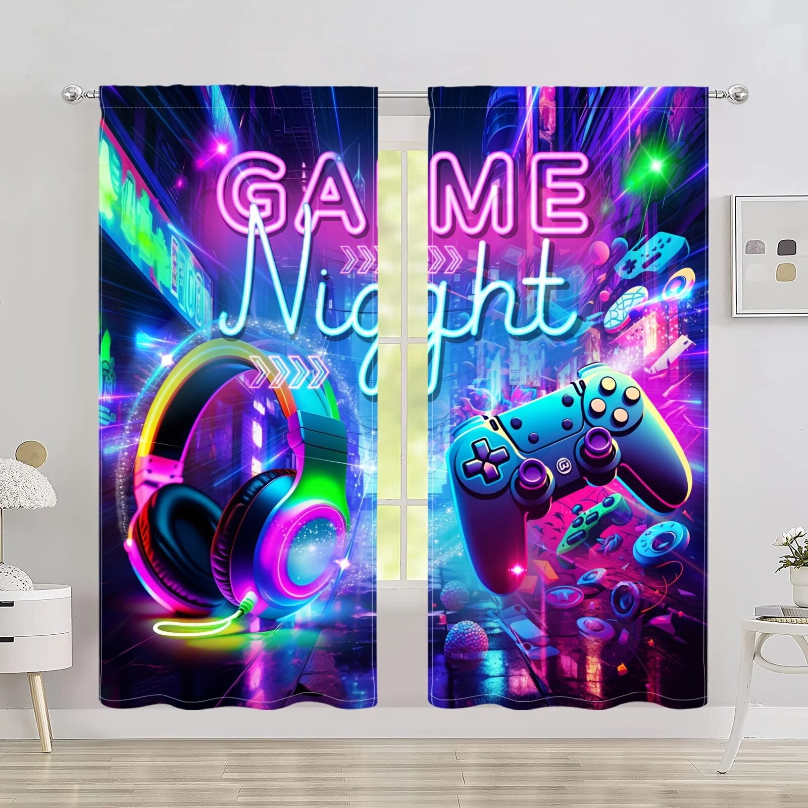 2pcs Colorful Gamepad Headphones Print Curtain Rod Pocket Mount Digital ...