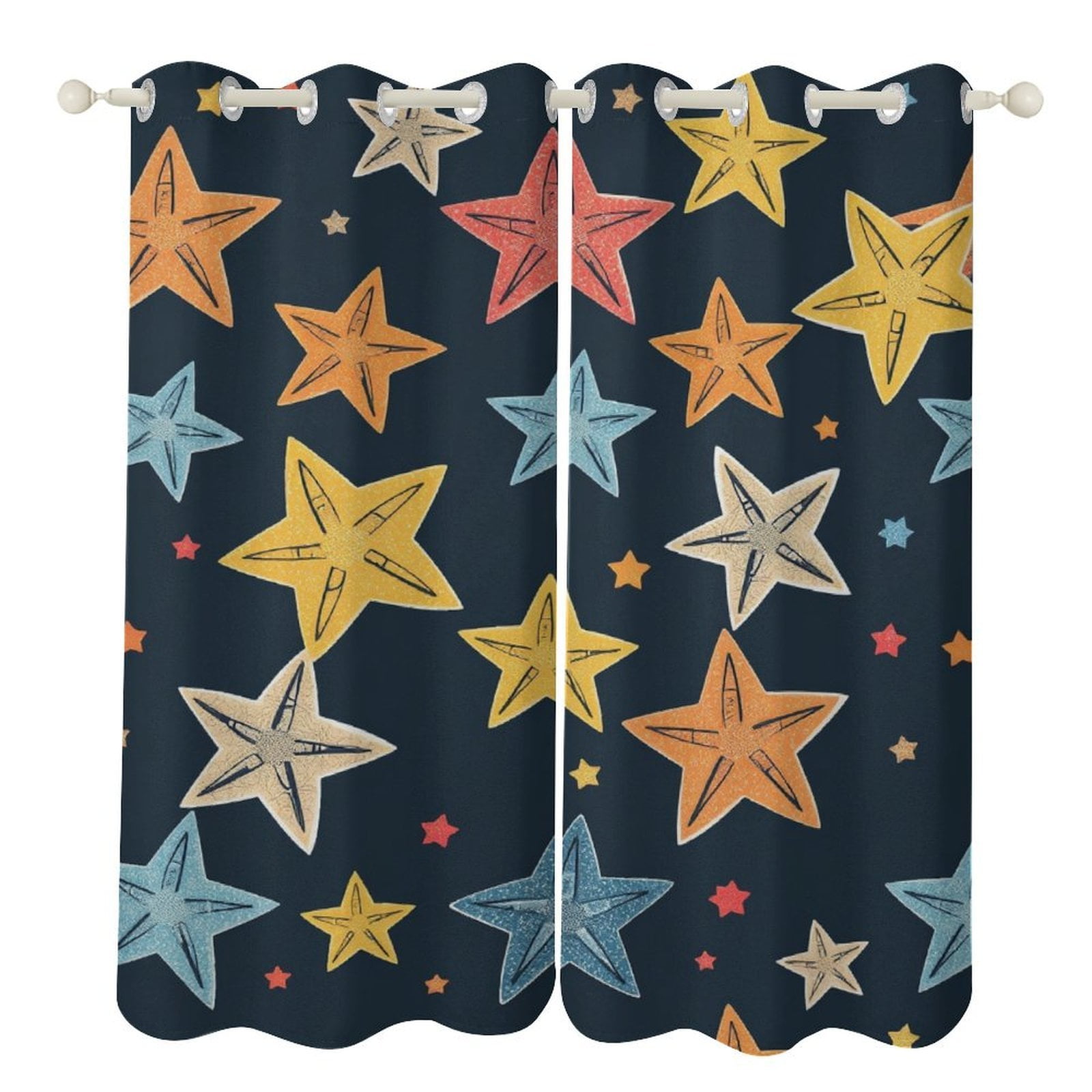 2pcs Colorful Star Pattern Background Curtains For Living Room Grommet ...