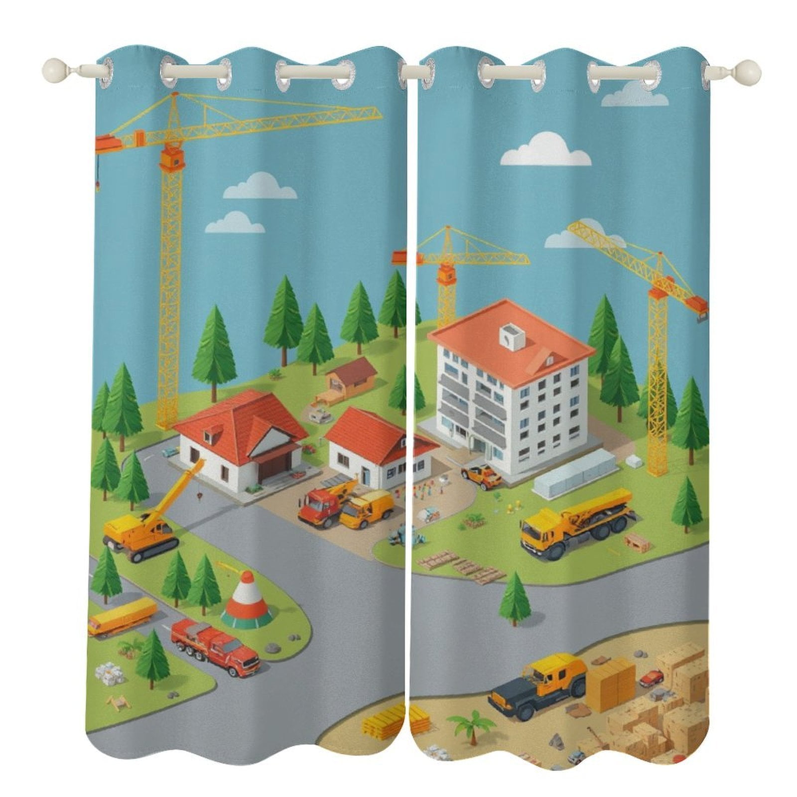2pcs Construction Site Isometric View Curtains For Living Room Grommet ...