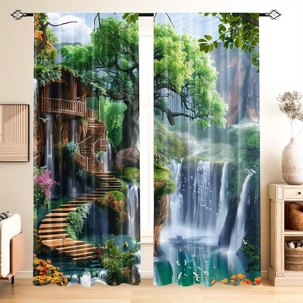 2pcs Contemporary Landscape Printed Curtain Waterfall View Light ...