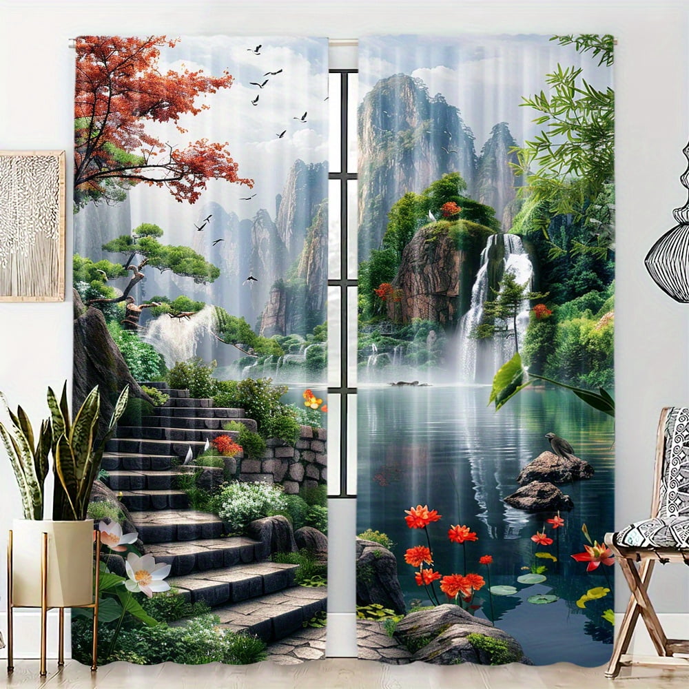 2pcs Contemporary Landscape Printed Curtain Waterfall View Light ...
