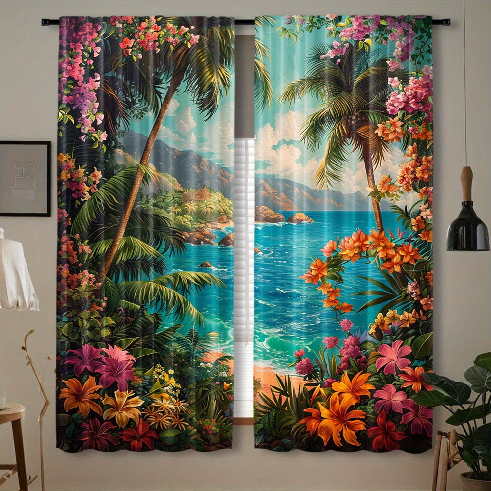 2pcs Contemporary Landscape Printed Curtain Waterfall View Light ...