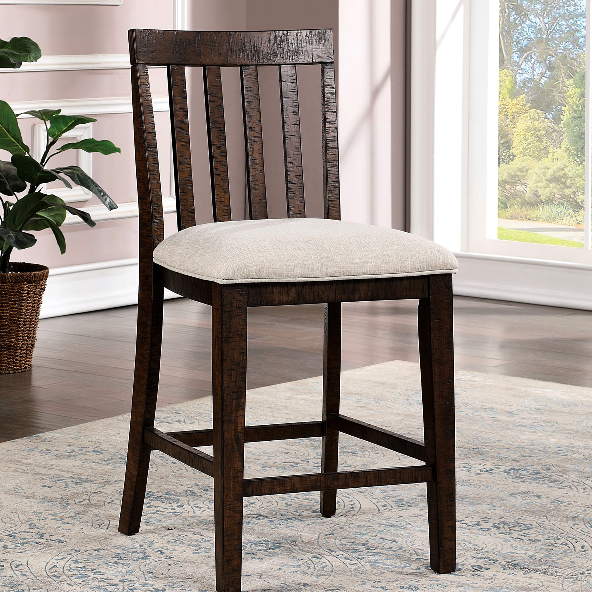 2pcs Counter Height Dining Chairs In Rustic, Oak Slat Back, Beige ...