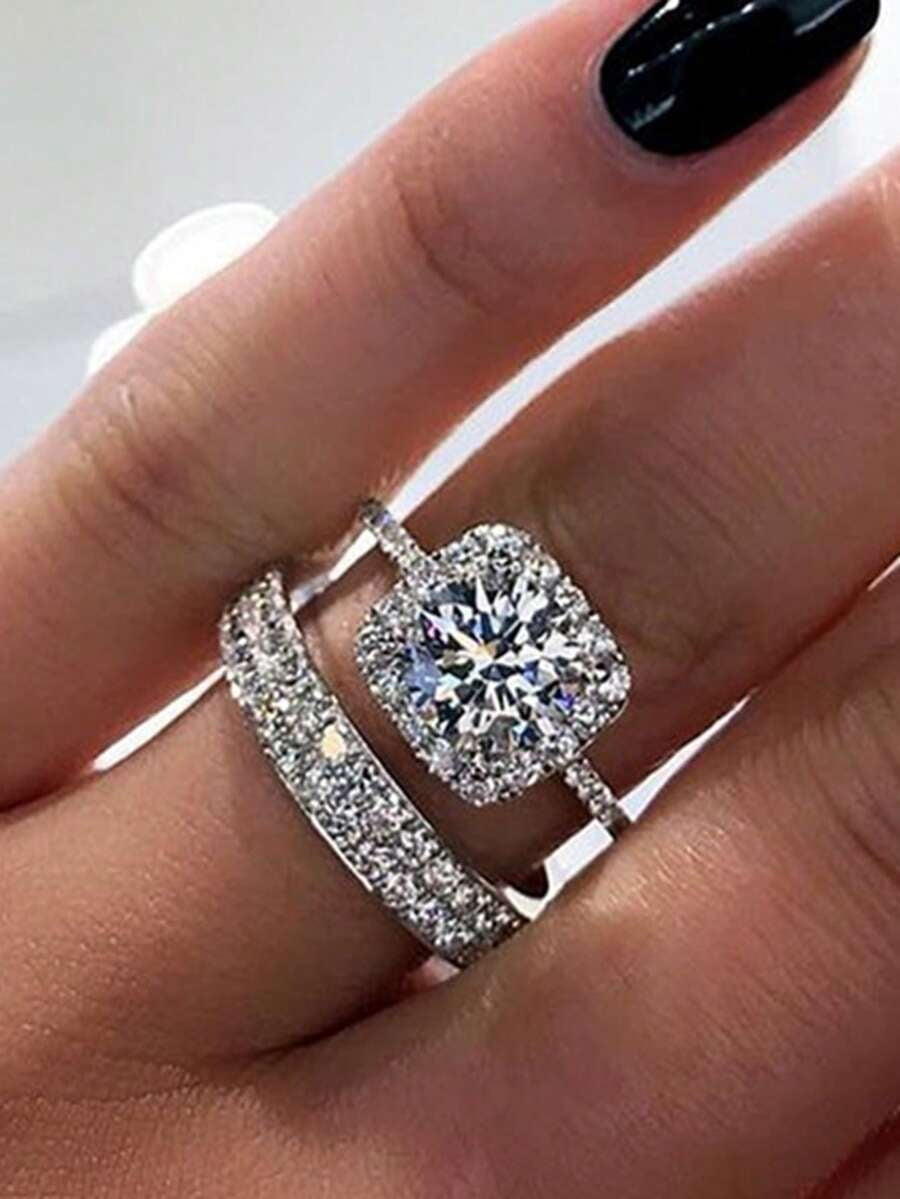 2pcs Cubic Zirconia Ring Set In Silvertone, Color Variant 6, For Women ...