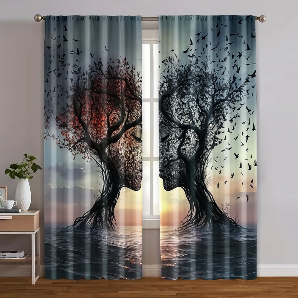 2pcs Curtain Popular 2D print Moonlight_ sky and birds_ Machine ...
