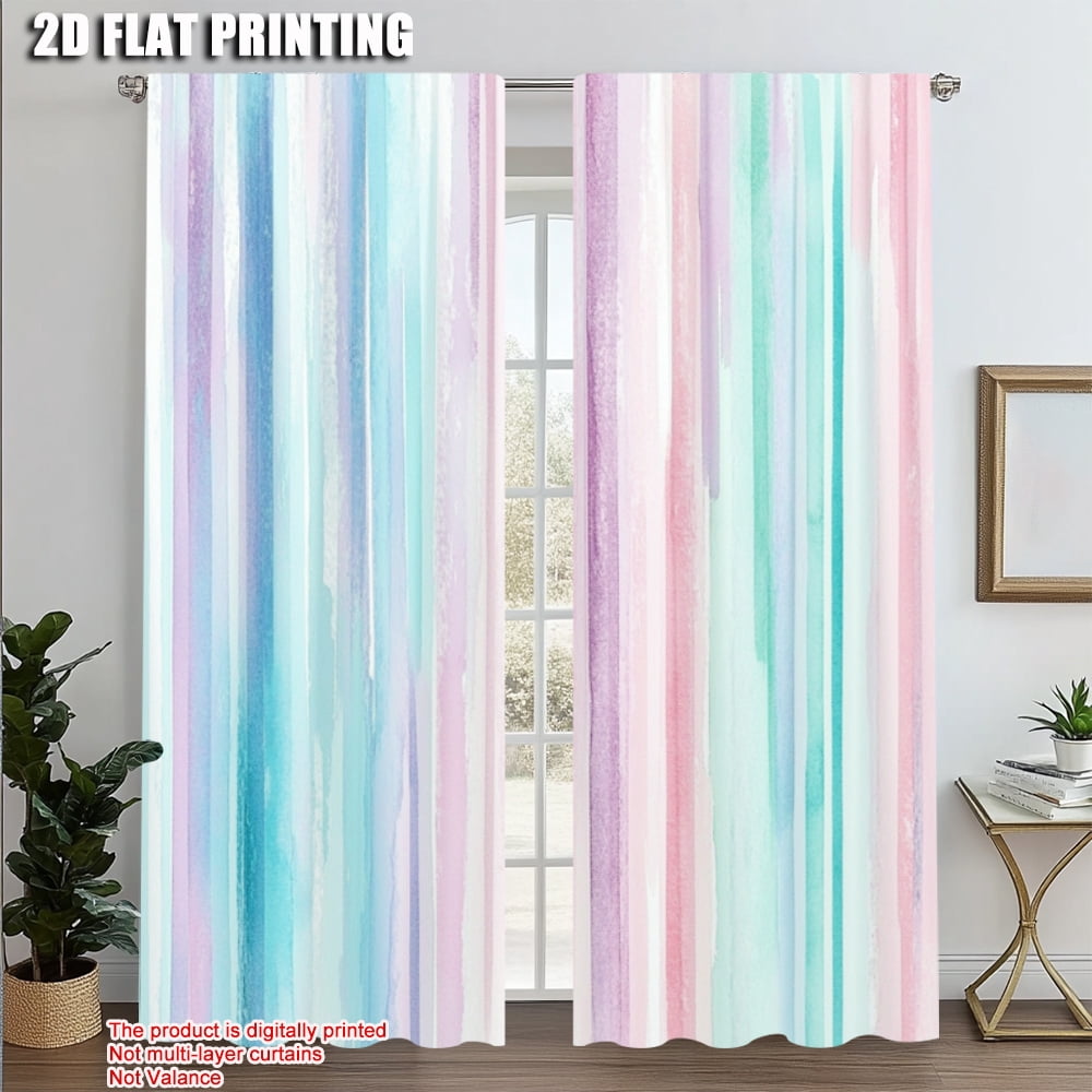 2pcs Curtain Set 2D print Aesthetic Blue Pink Stripe Versatile Fabric ...