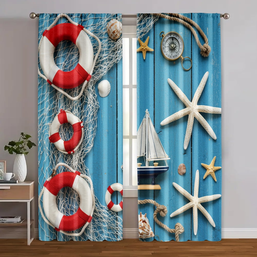 2pcs Curtains Sailboats life buoys and star Protecting Privacy party ...