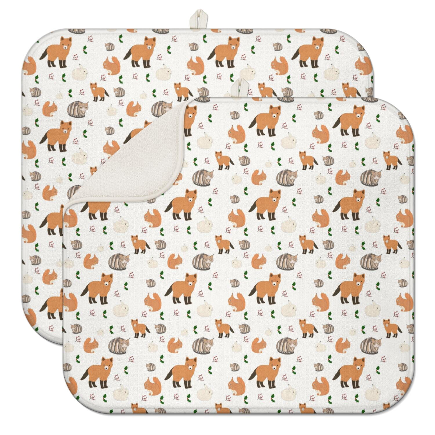2pcs Cute Fox Cartoon Dish Drying Mat - Fluffy Foxy Print Absorbent ...