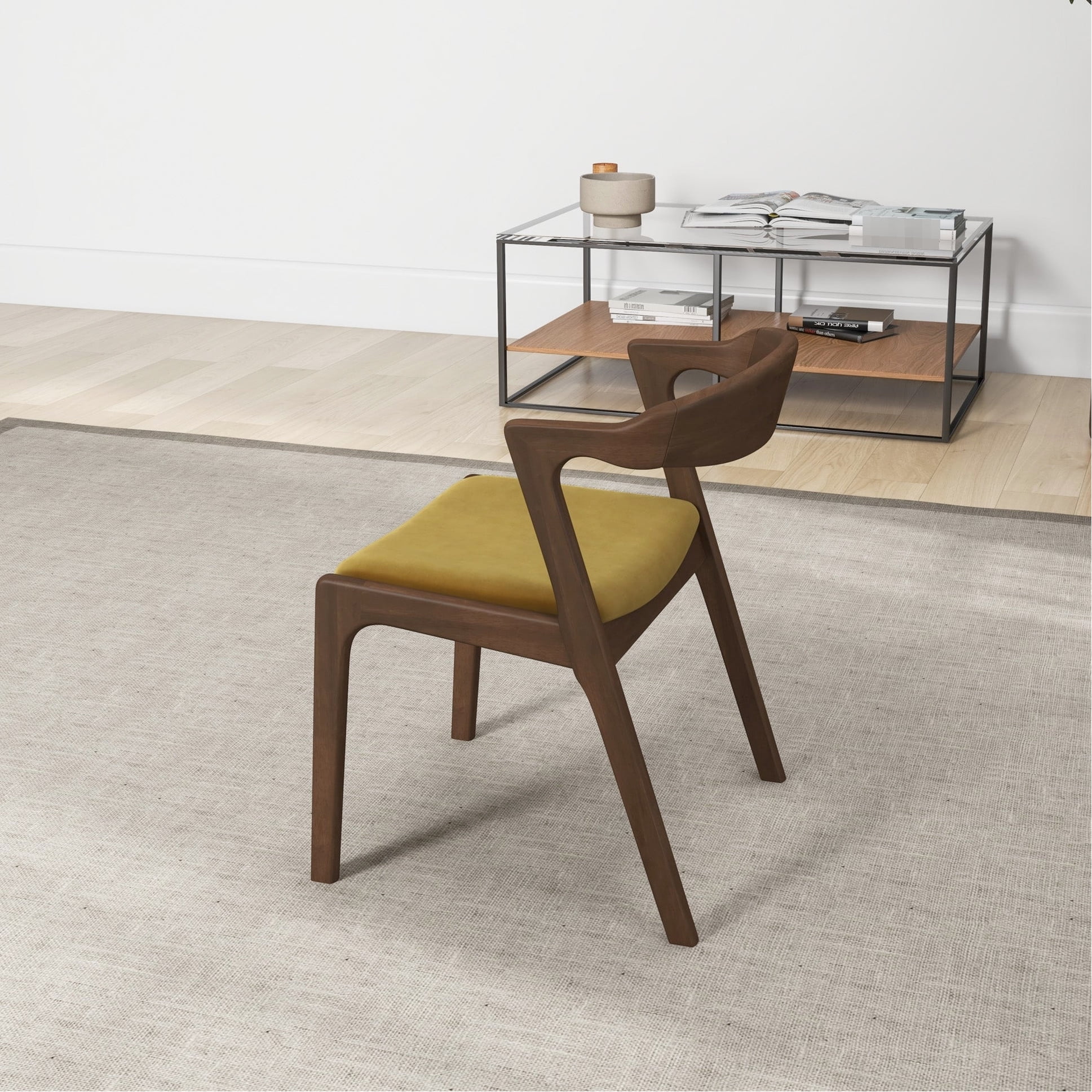 2pcs Dark Yellow Velvet Mid-century Dining Chairs - Solid Wood Frame ...