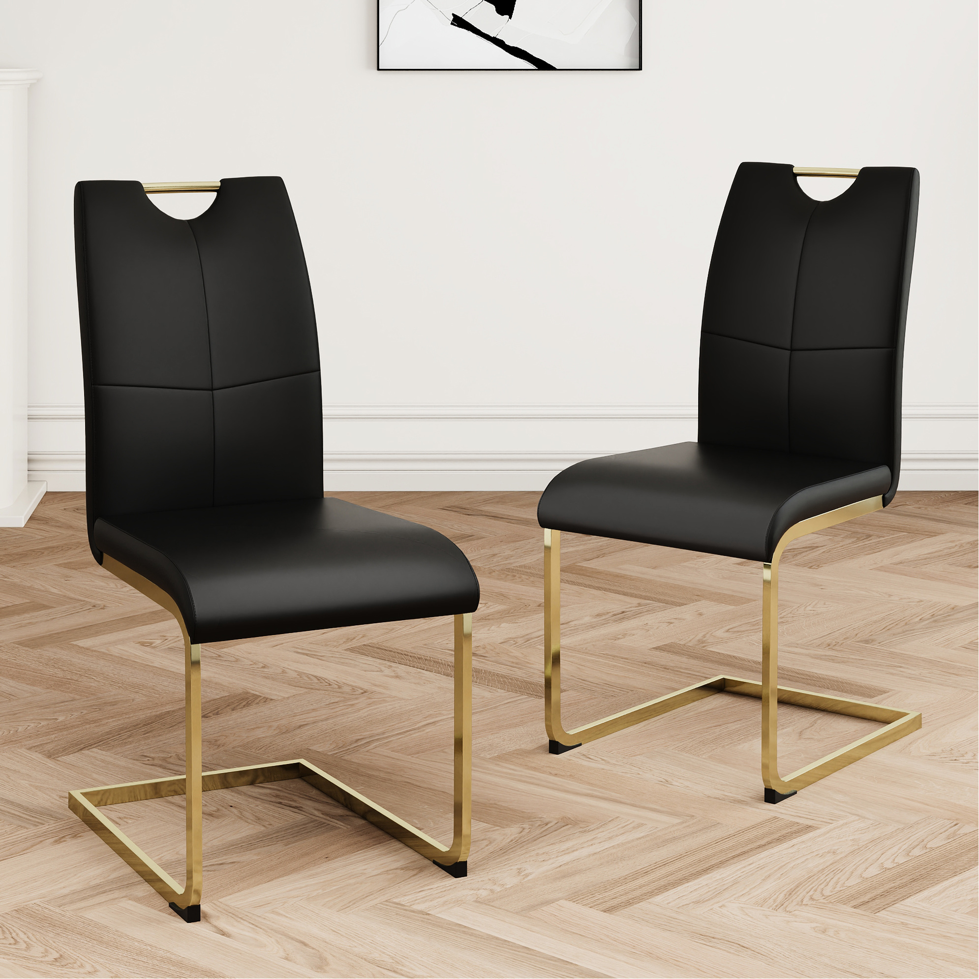 2pcs Dining Chairs With Faux Leather Padded Seat And Gold Metal Legs ...
