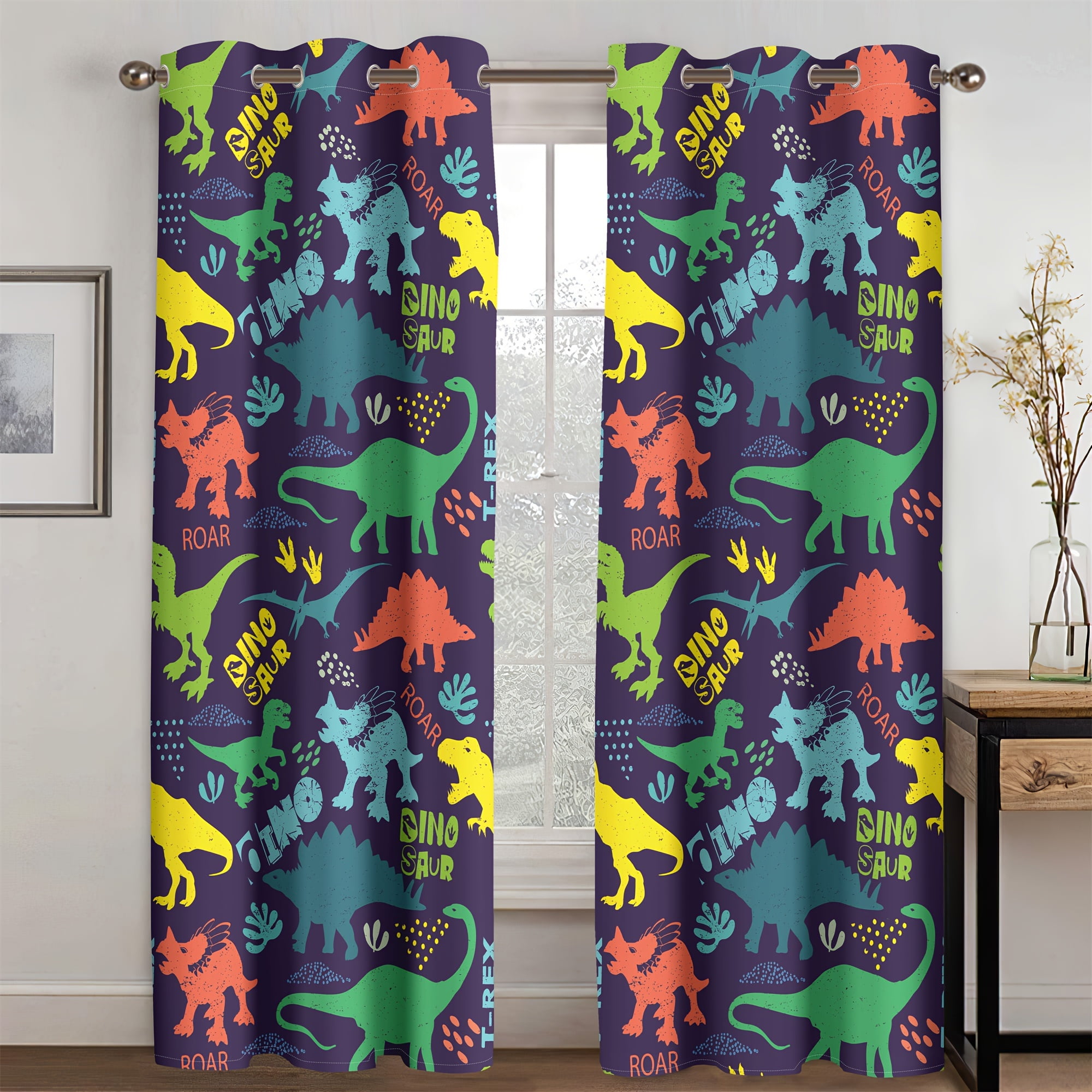 2pcs Dinosaur Semi-Blackout Curtain Panels Cartoon Animals Pattern Rod ...