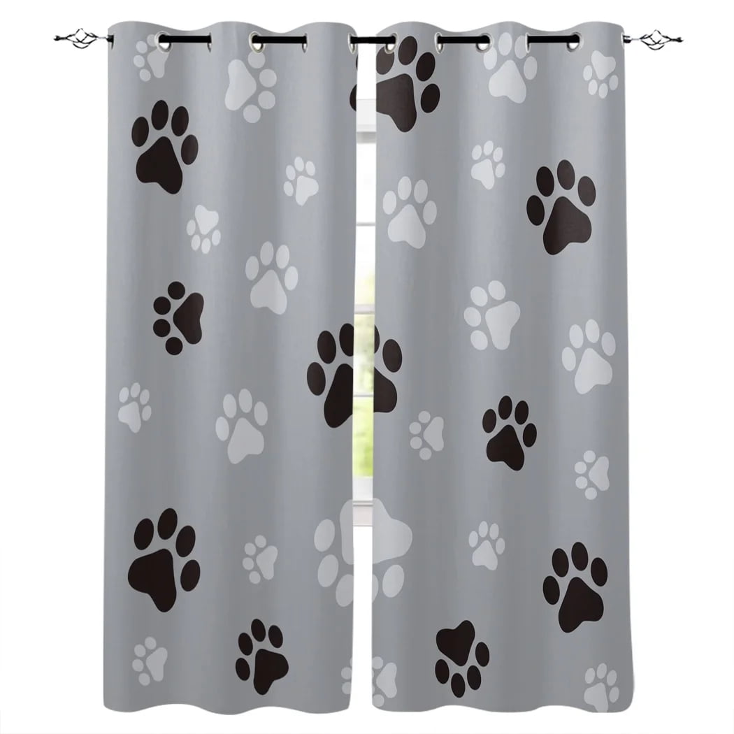 2pcs Dog Paw Black Paw Print Puppy Grey Footprint Window Curtains ...