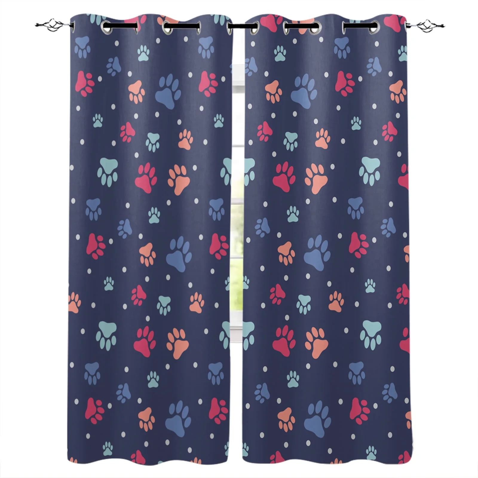 2pcs Dog Paw Black Paw Print Puppy Grey Footprint Window Curtains ...